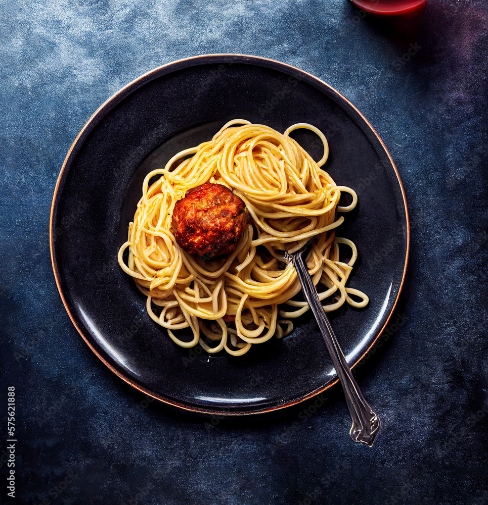 Spaghetti with meatballs in black bowl, generative ai Stock ...