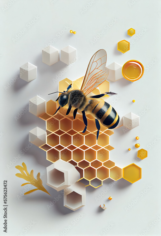 On a white background, a simple drawing shows a small bee crawling on a ...