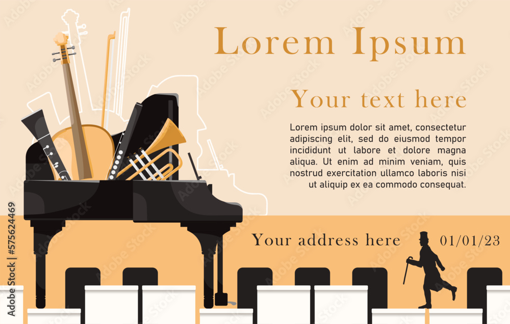 Music festival poster with musical instruments in opened black piano ...