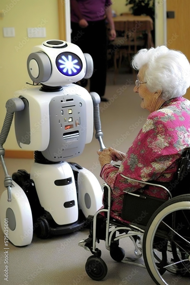 futuristic robot taking care of grandma, concept of helping the elderly ...