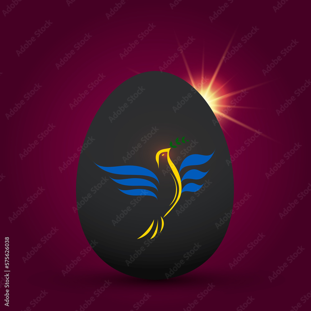 Black Easter egg with a Flying Pigeon, dove of peace with green olive ...