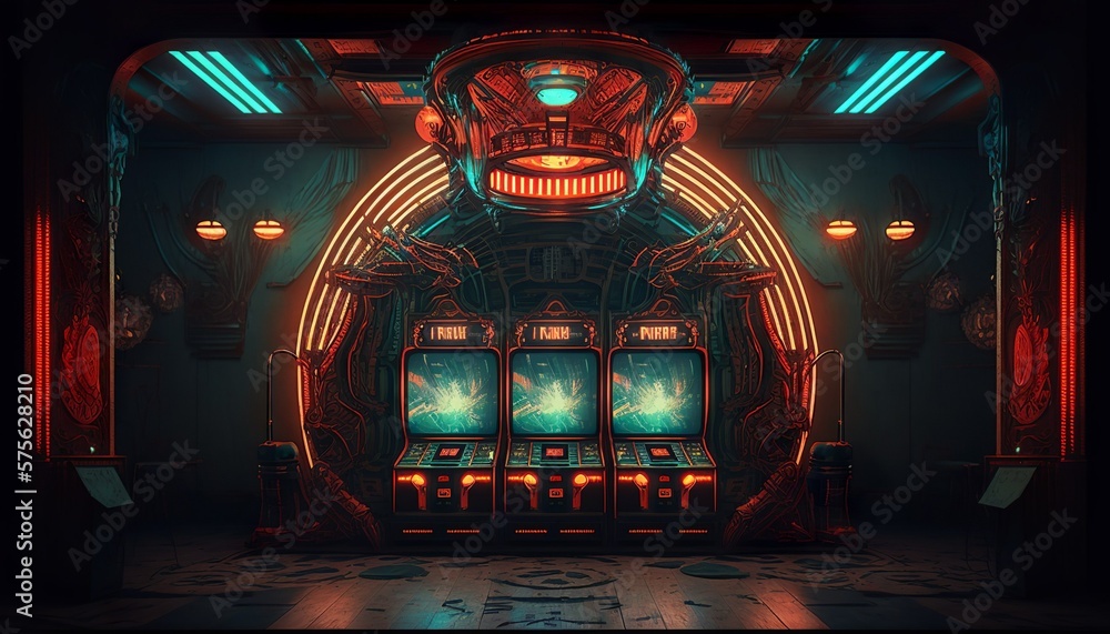 Dark mechanical sci-fi circus interior with cyberpunk theater stage and ...