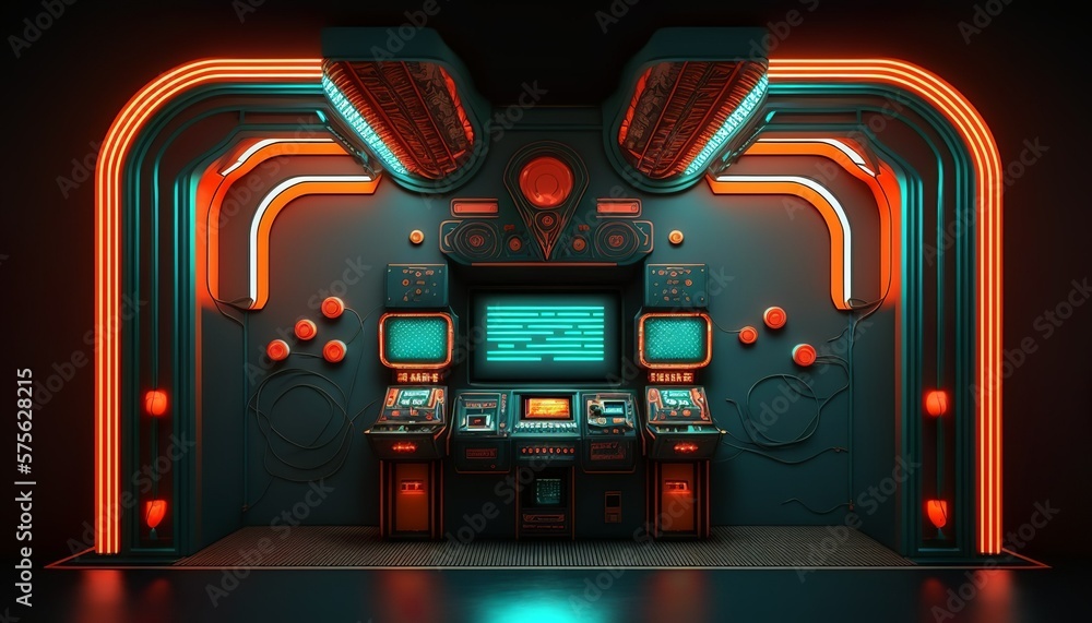 Futuristic arcade interior with sci-fi terminal and neon glowing ...