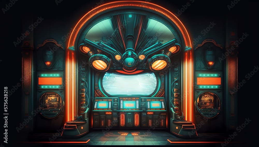 Creepy cyberpunk theater interior with sci-fi cinema screen and glowing ...