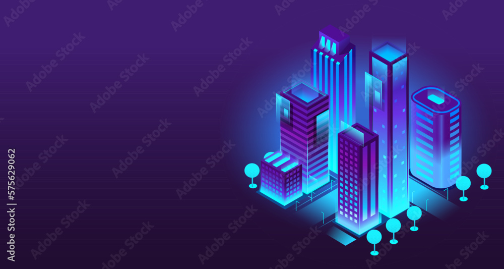 Futuristic banner with city buildings isometric design. Office and ...
