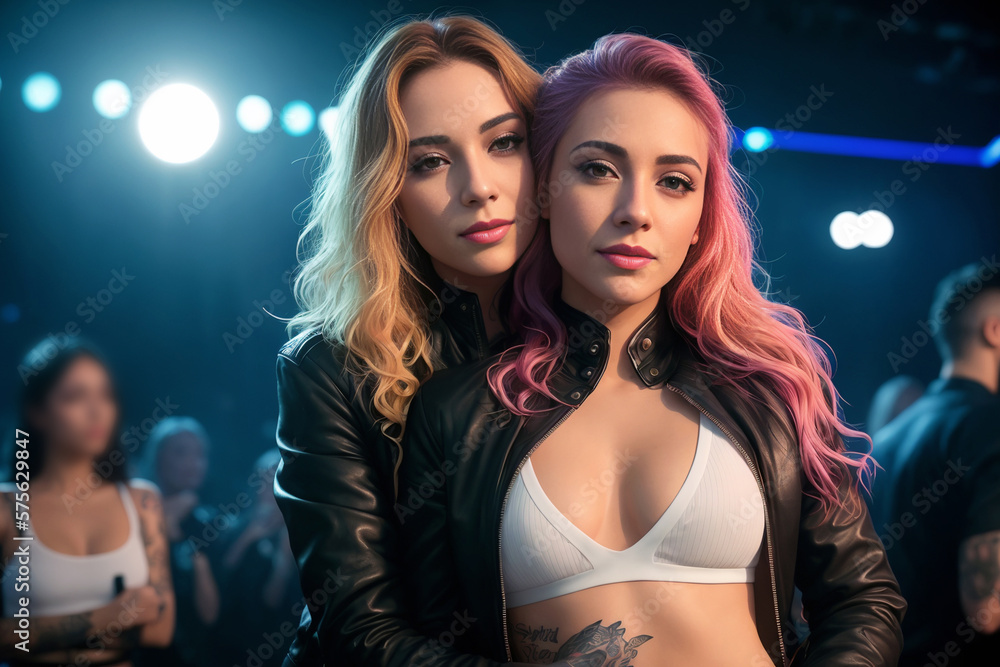 Beautiful sexy woman in lingerie and leather jacket in a nightclub. Generative AI Stock ...