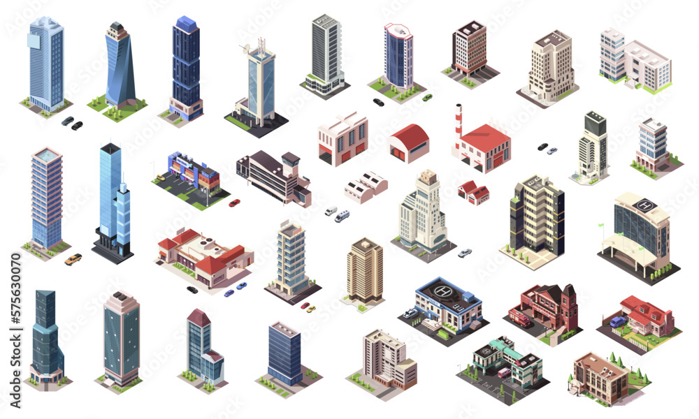 Isometric skyscrapers and city buildings big collection. Set of ...