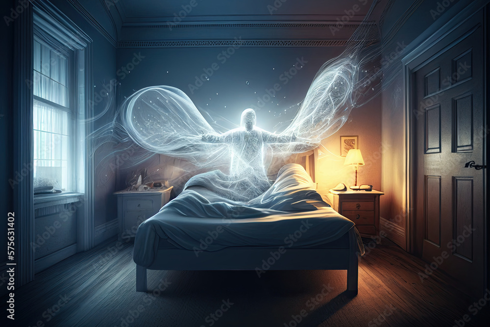 Astral body levitate over bed in the bedroom. Soul flies out of the ...