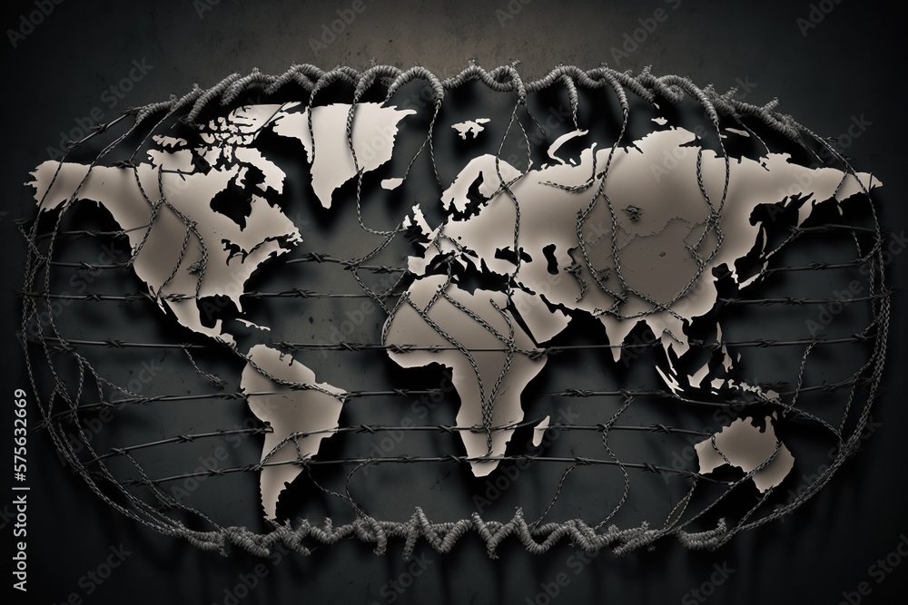 World map with barbed wire around the planet, concept of Border ...