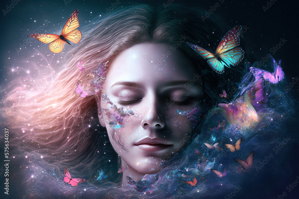 Abstract woman dream decorated by harmony and endless colors of star in ...