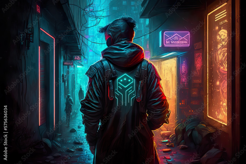 Neon-lit Back Alley: Bold Cyberpunk Hacker Generative AI Stock ...