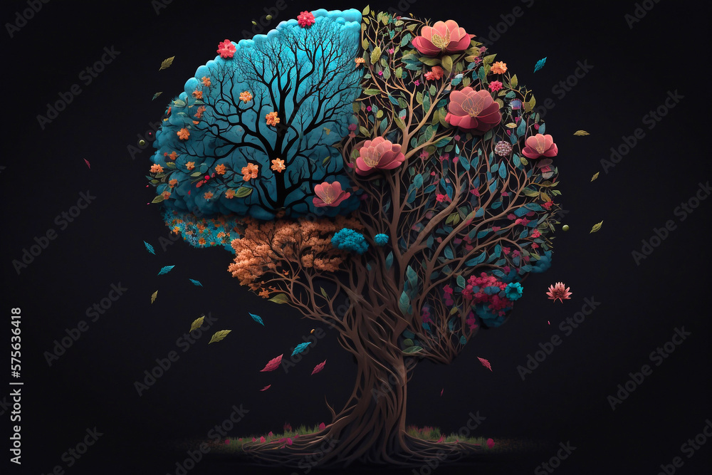Human brain tree with flowers and butterflies, self care and mental ...