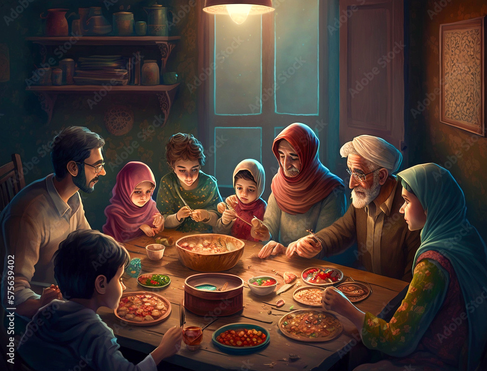 A Family Celebrating Ramadan after a Day of Fasting | Generative AI Stock Illustration | Adobe Stock