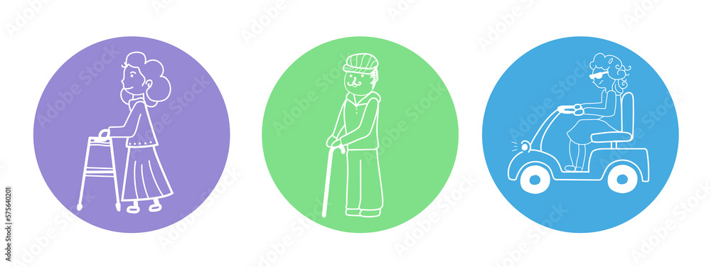Senior man and women icons illustration, old people help line drawing ...