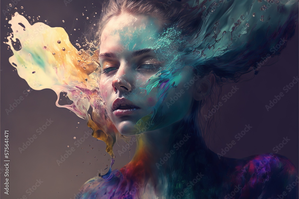 Wondrous illustration portrait woman with colorful iridescent exploding ...