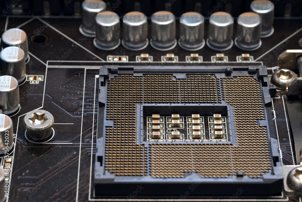 Detail of a CPU Socket on a Modern PC Motherboard. Printed Circuit ...