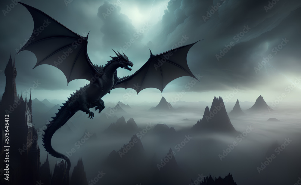 Gorgeous Black Fantasy flying Dragon With Wings. Ai generated image ...