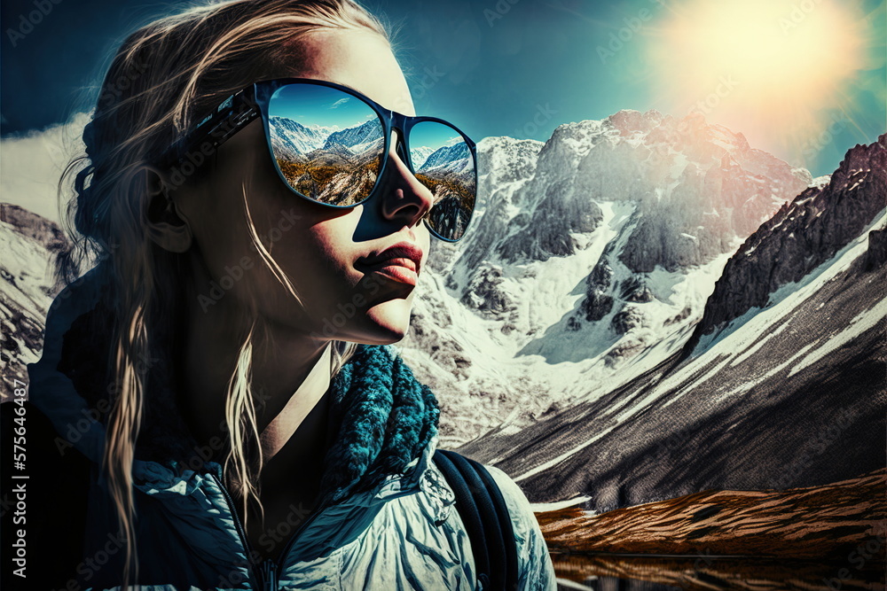 Sunglasses mirrored reflection of the wondrous mountain path and sunny ...