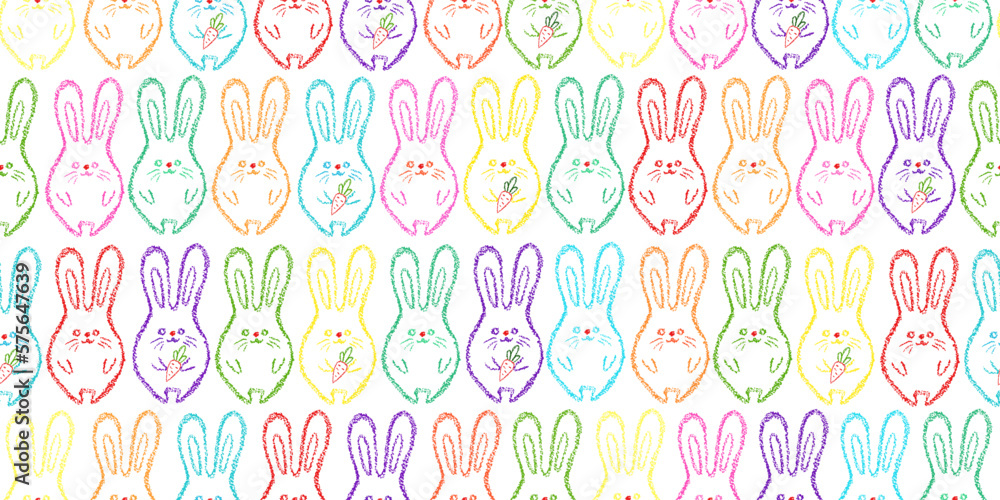 Easter bunny background. Chalk Children drawing rabbits hand drawn wax ...
