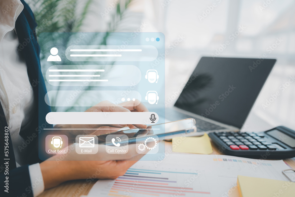 Person use customer service and support live chat with chatbot and ...