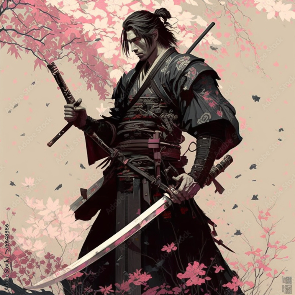Samurai in armor, with katana. Sakura tree on the background. AI ...