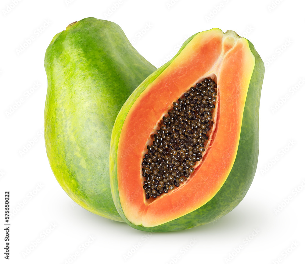 Isolated papaya fruit. Fresh vertical papaya with a half isolated on ...