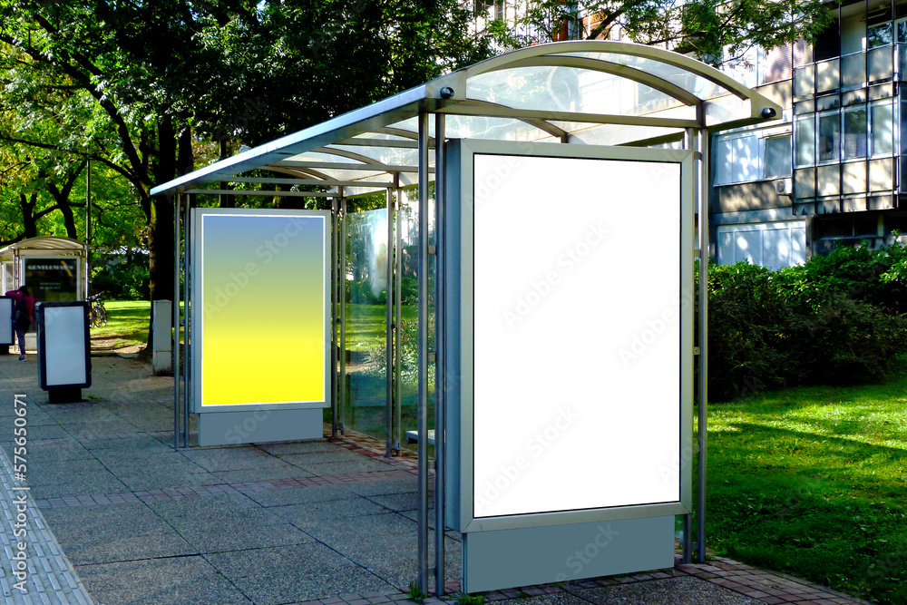 bus shelter at a busstop. glass and steel frame structure. blank white ...