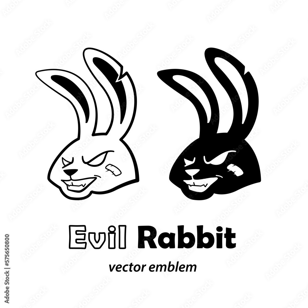 Evil brutal rabbit grins with a patch on the cheek. Monochrome cartoon ...