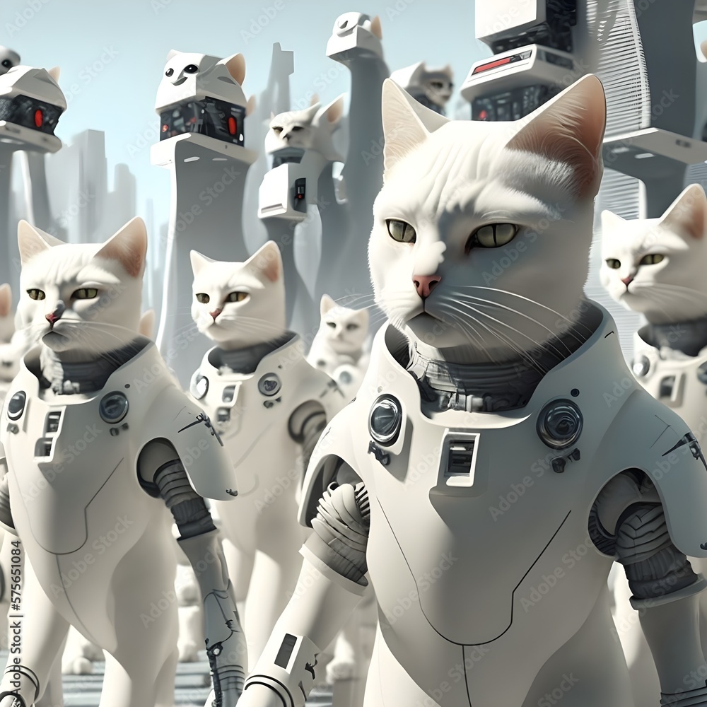 hyperrealistic cat army army of cats in white suits latex suits ...
