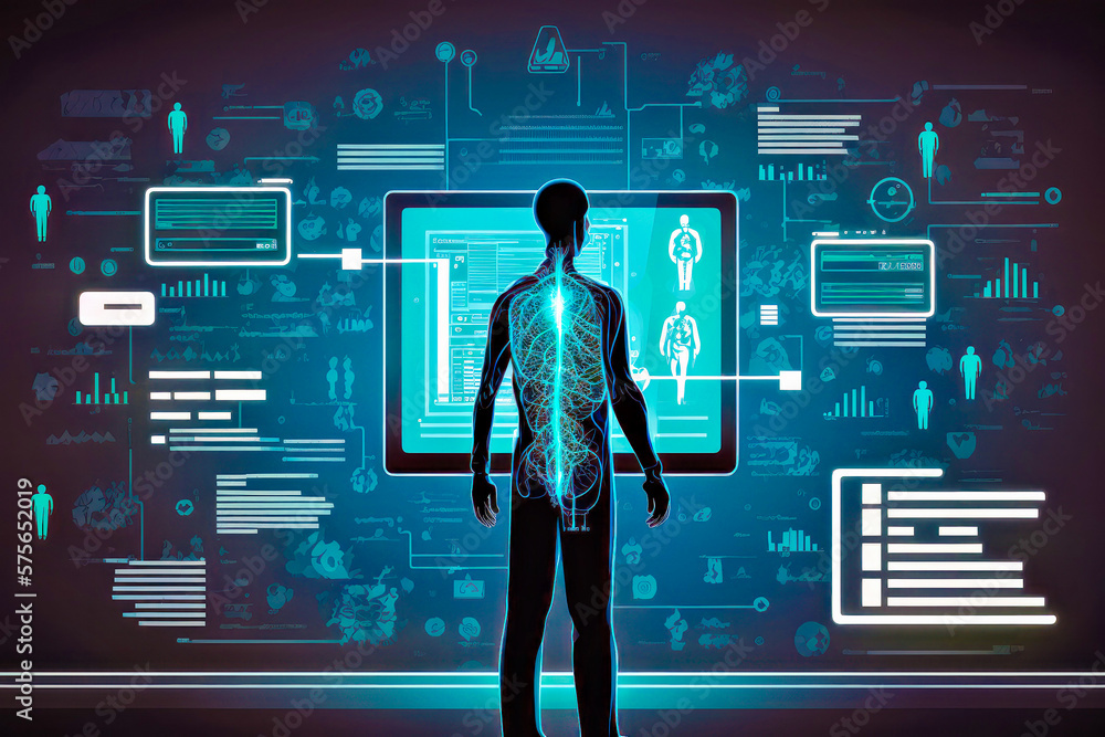 Man standing in front of computer screen with diagram of the human body ...