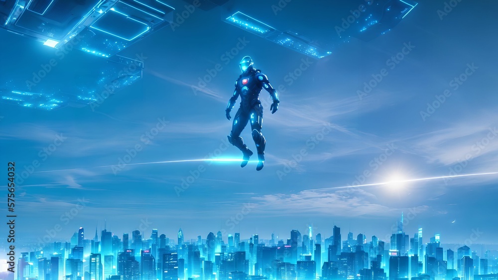 futuristic sci-fi human wearing robot suit flying above future city ...