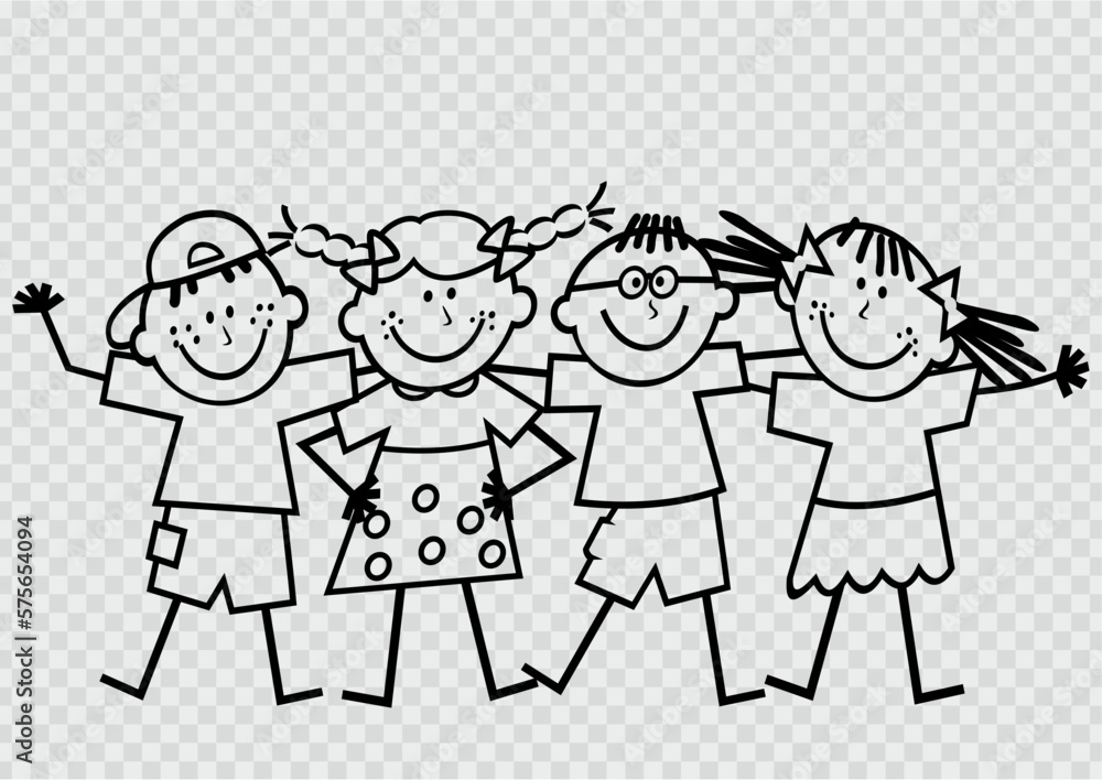 Four happy children, girls and boys, funny black vector illustration ...