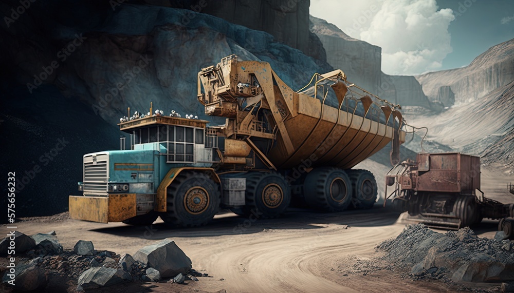 Work of trucks and the excavator in an open pit on gold mining by ai ...