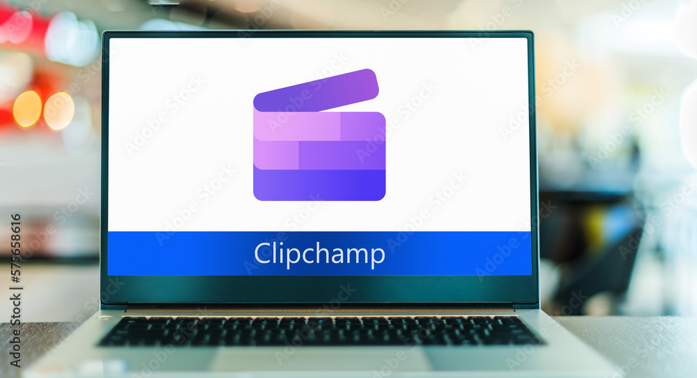 Laptop computer displaying logo of Clipchamp Stock Photo | Adobe Stock