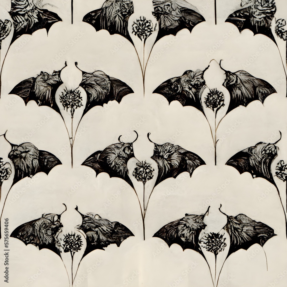 gothic vampire bat repeating pattern black and white inkwork art ...