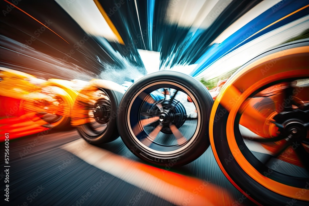 Motion blurred frontal perspective of fast moving race cars on a course ...
