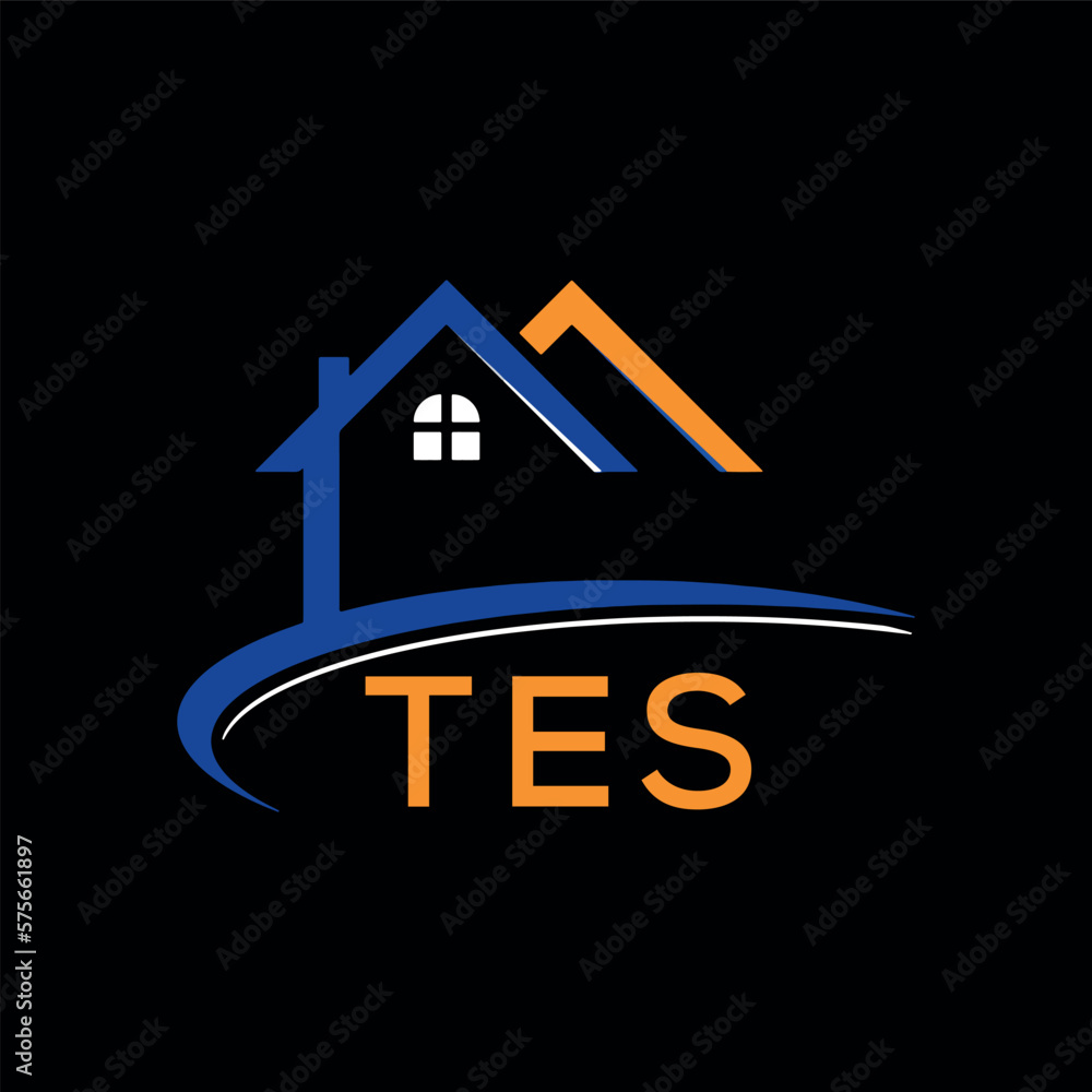 TES house logo, letter logo. TES blue image on black background and ...