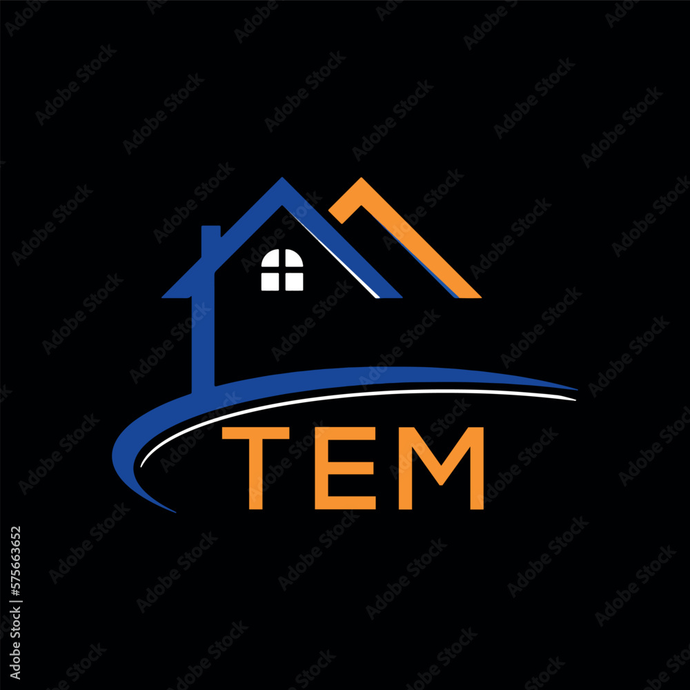 TEM house logo, letter logo. TEM blue image on black background and ...