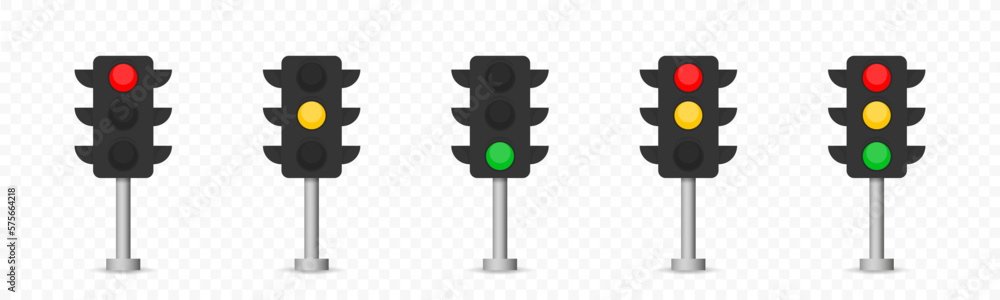 Realistic traffic lights icons. Crossroad regulation. Traffic control ...