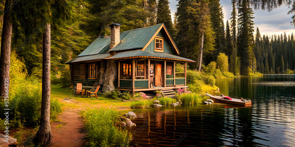 Wood cabin on the lake - log cabin surrounded by trees, mountains, and ...