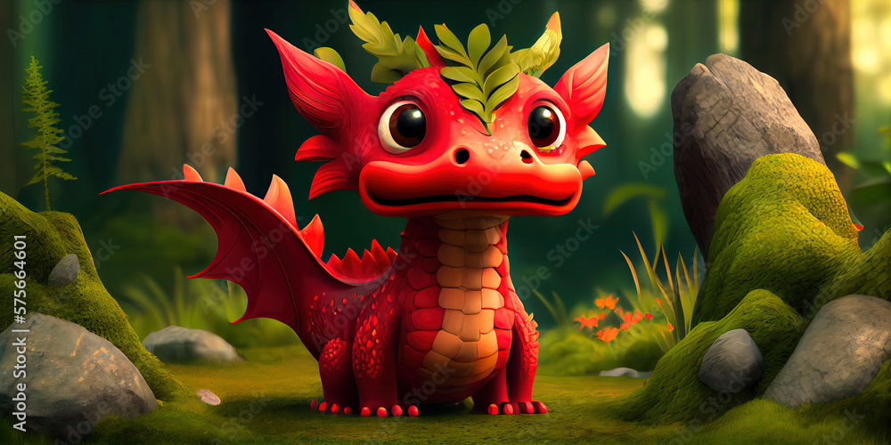 Adorable red dragon - kawaii and cute with red scales in a magical ...