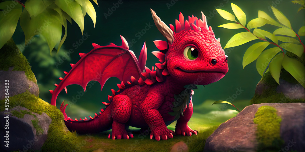 Adorable red dragon - kawaii and cute with red scales in a magical ...