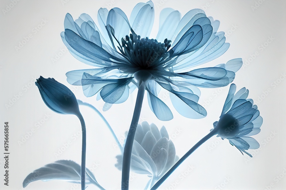 X-ray of flowers on the light and scan of a daisy, blue flower, art ...