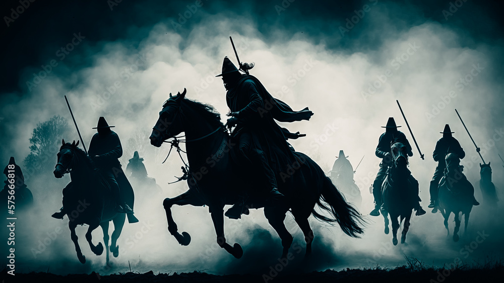 Medieval battle scene with cavalry and infantry. Silhouettes of figures ...