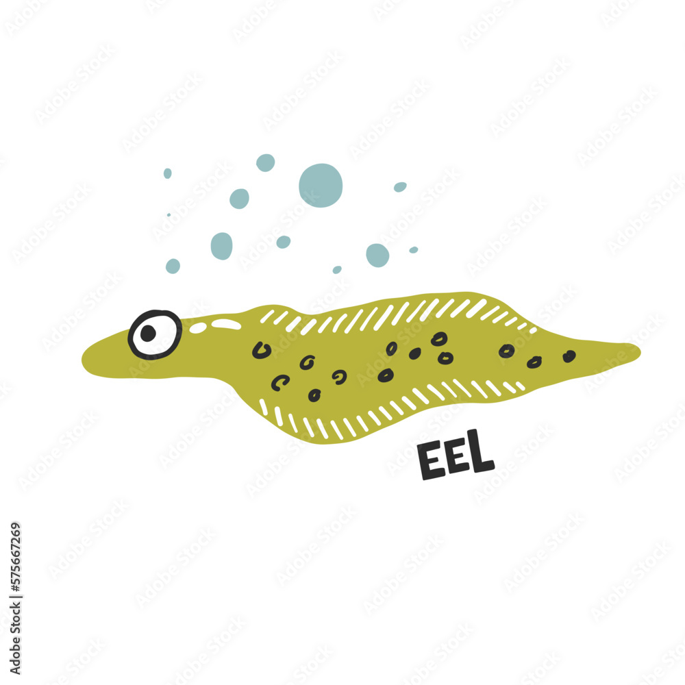 Eel. Hand drawn vector cartoon illustration for kids. Amusing Sea ...