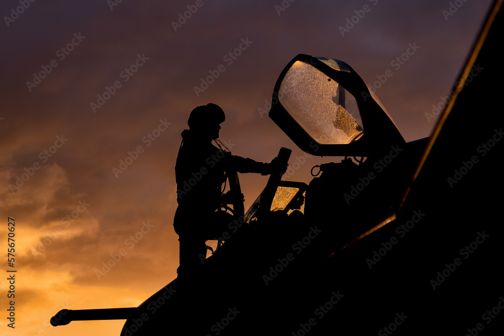Fighter pilot climbs on board his jet fighter interceptor for a combat ...