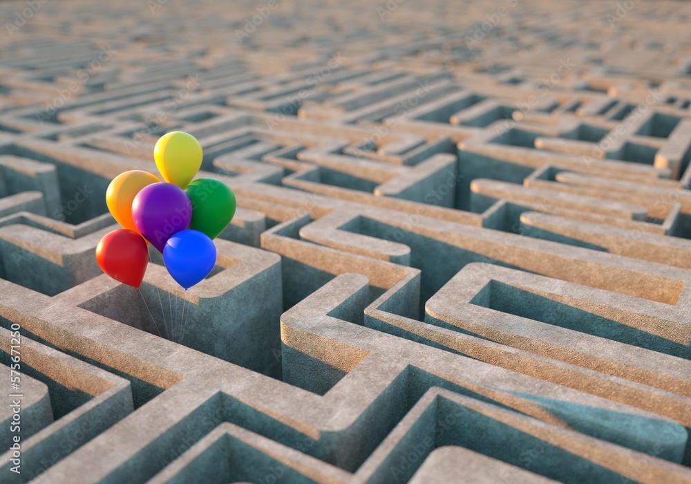Maze with colorful balloons. 3D render. Stock Illustration | Adobe Stock