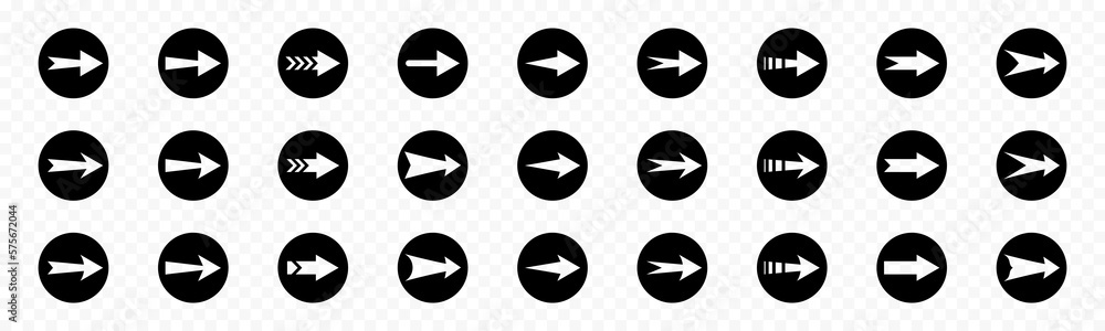Arrow button. Flat black arrow vector icon set isolated on transparent ...