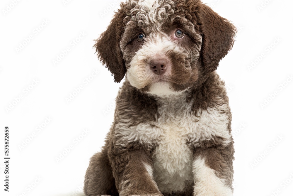 Seven-month-old Lagotto Romagnolo in front of a white backdrop ...