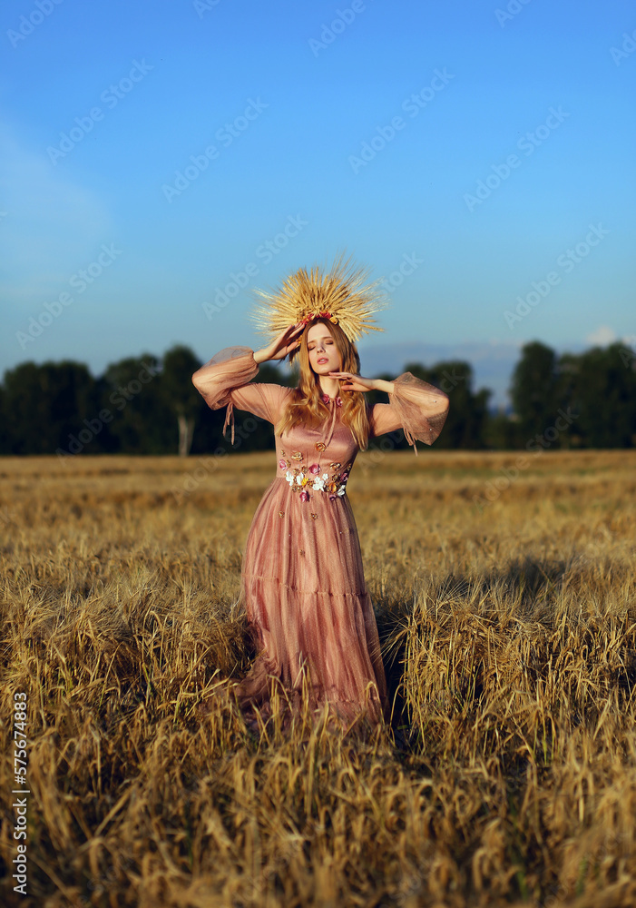 Blonde young woman with corn crown in pink dress in corn field. Fantasy ...
